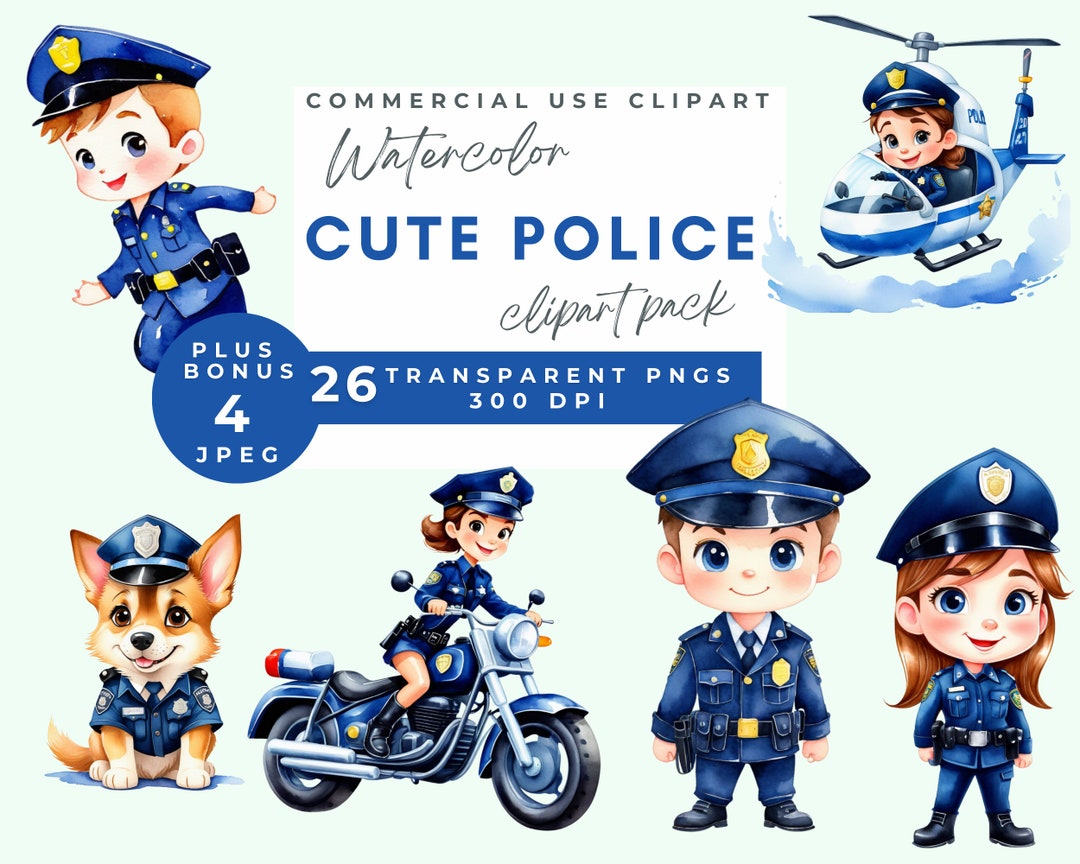 Watercolor Cute Police Clipart for Kids, Digital PNG Files, Clipart ...
