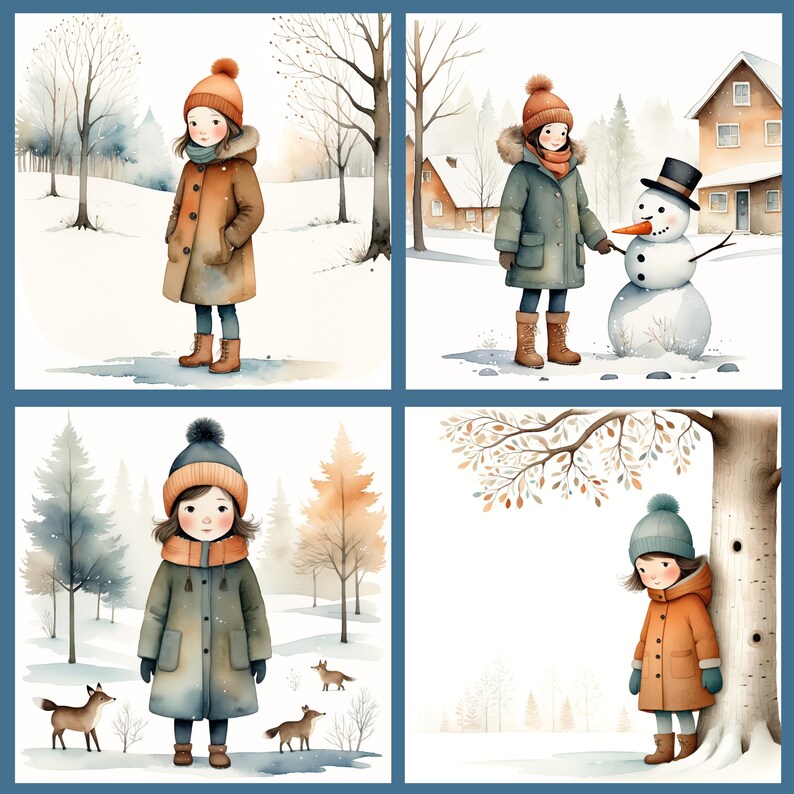 Cute Girl Winter Clipart Digital Paper, Christmas Cute Kids Digital ...