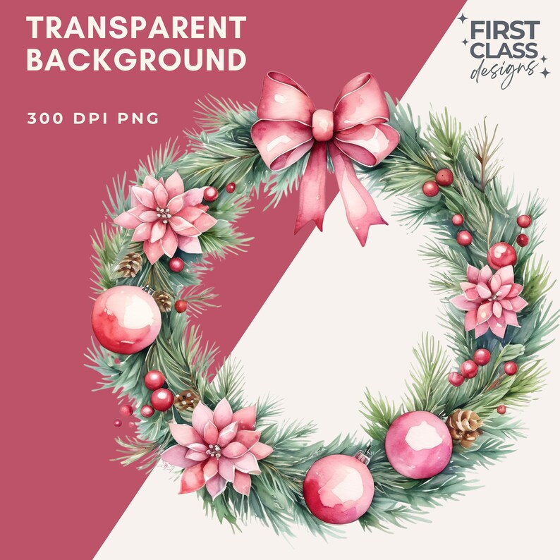 Pink Christmas Wreath Clipart, Watercolor Pink Coquette Bow Wreath ...