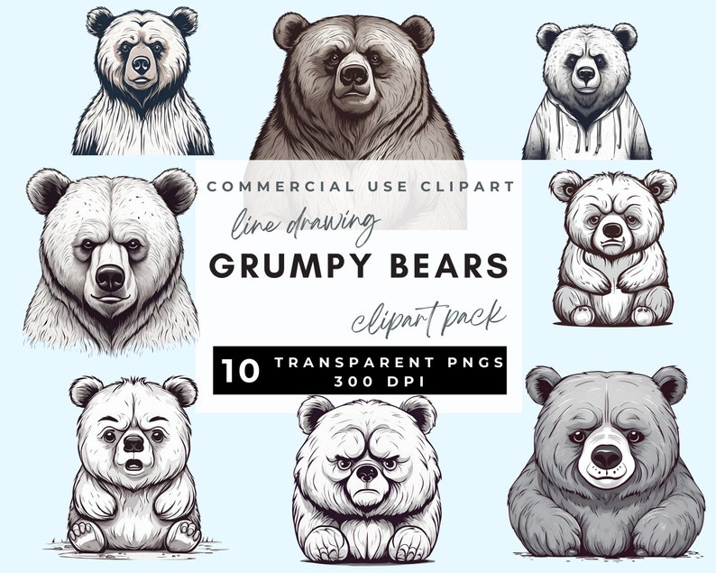 Grumpy Bear Clipart, Digital Line Art Grumpy Bear Printable PNG ...