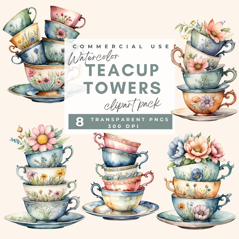 Teacup Clipart Bundle, Floral Stacked Tea Cups PNG, Vintage Watercolor ...