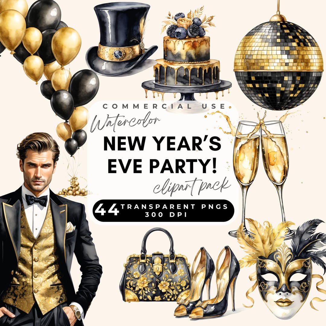 Watercolor New Year Clipart Black and Gold New Year Clipart, New Year ...