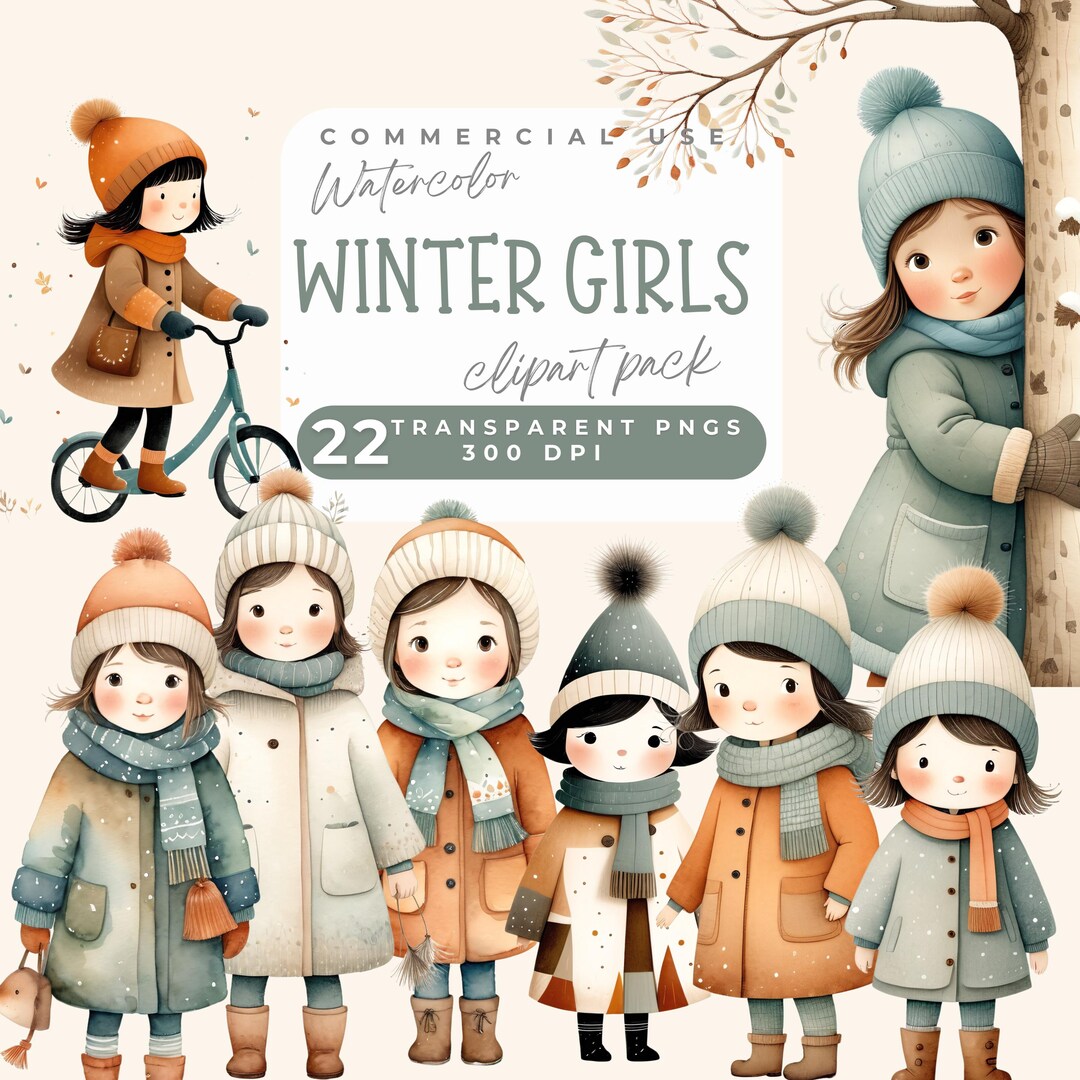 Cute Girl Winter Clipart, Christmas Cute Kids Clip Art PNG Watercolor ...