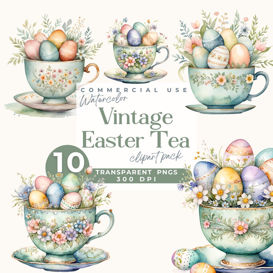 Vintage Easter Tea Clipart, Watercolor Floral Teacups With Eggs PNG ...
