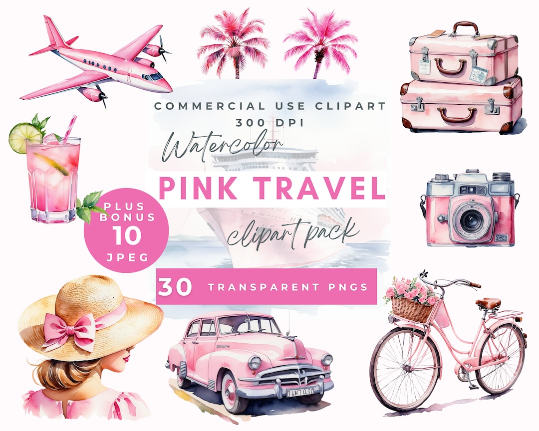 Travel Watercolor Clipart Pink Girly, Girly Travel Clipart Pink Travel ...