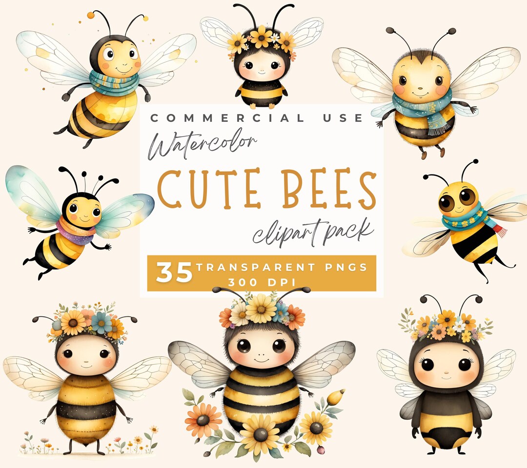 Cute Bee Watercolor Clipart, Cute Bugs Clipart, Whimsical Bumblebees ...