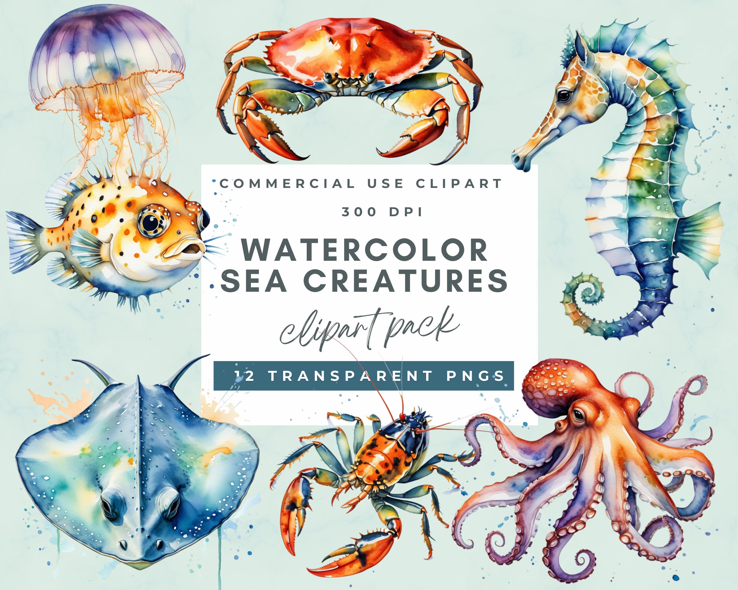Watercolor Sea Creatures Clipart, Ocean Animals Illustrations, Under ...