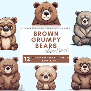Grumpy Brown Bear Clipart, Digital Line Art Grumpy Bear Printable PNG ...