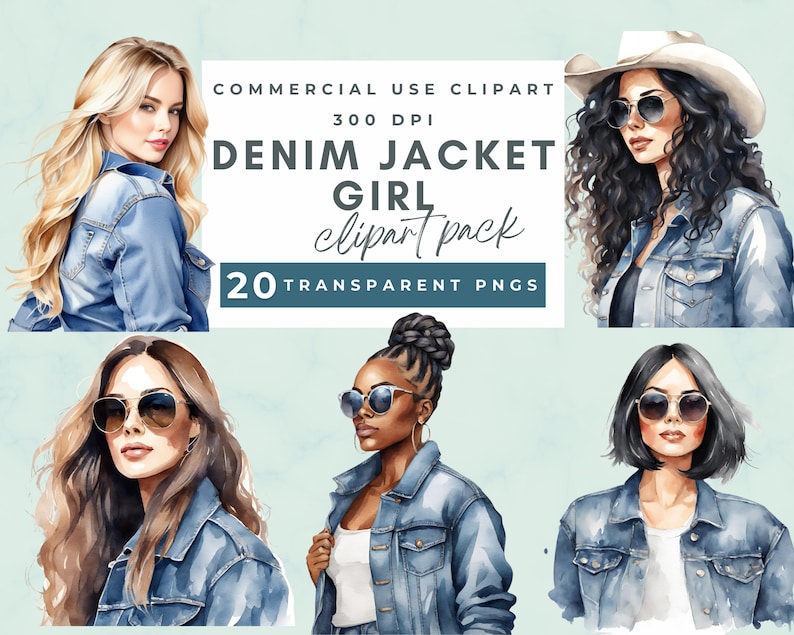 Denim Jacket Clipart, Denim Divas Clipart, Watercolor Denim Girl ...