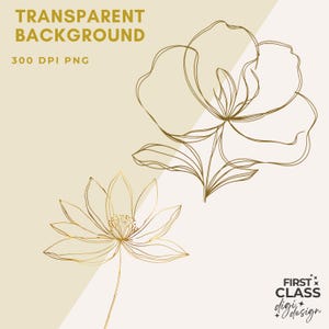 Delicate Gold Florals, Fine Line Flower Clipart, Minimalist Botanical ...