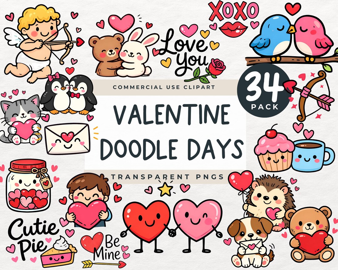 Whimsical Doodle Line Art, Valentine Doodle Clipart Set, Cute Love ...