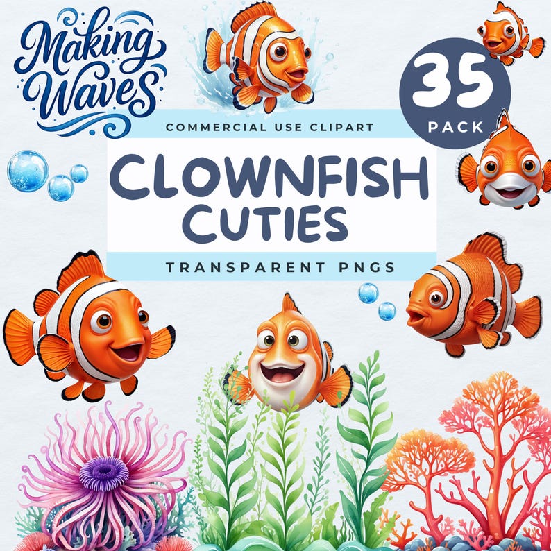 Fishy Cuties Clipart Bundle, Cute Ocean Fish Pngs, Clownfish Goldfish ...