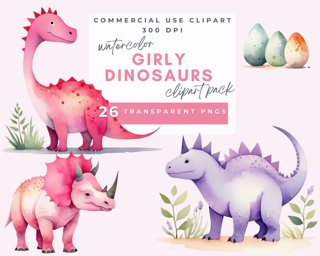 Watercolor Girly Dinosaurs Clipart, Party and Nursery Decor Dinosaurs ...
