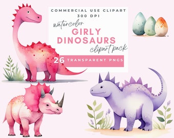 Dinosaurs Watercolor Clipart, Cute Dino PNG, Baby Girl, Baby Shower ...