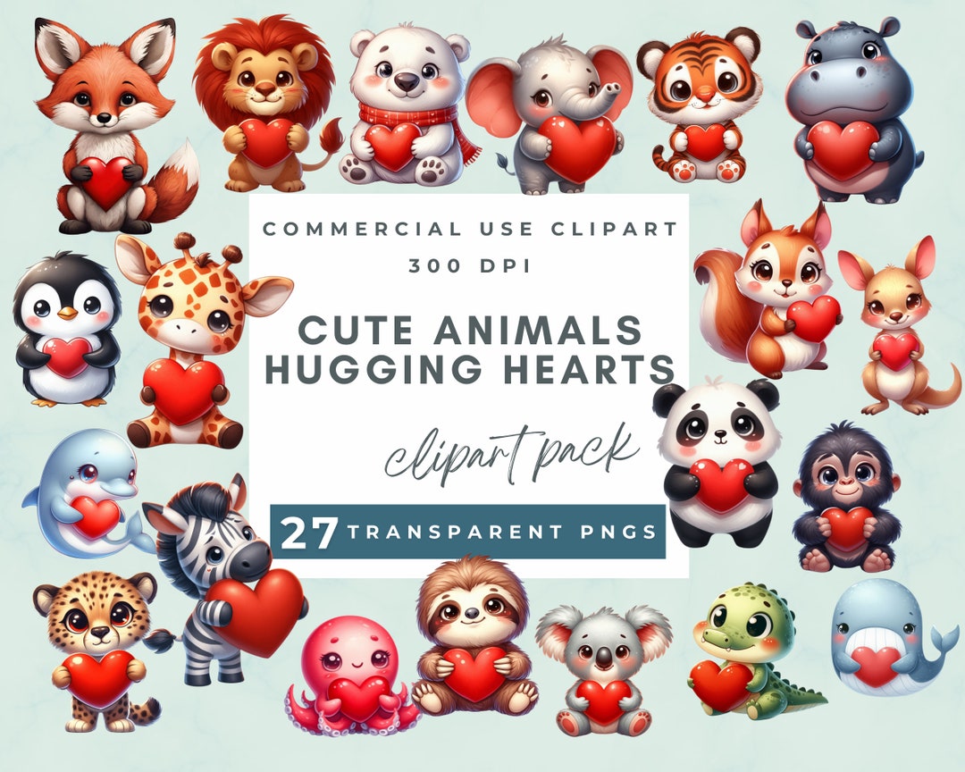 Cute Animals Hugging Hearts Clipart, Cute Animals Clipart, Hearts Png ...
