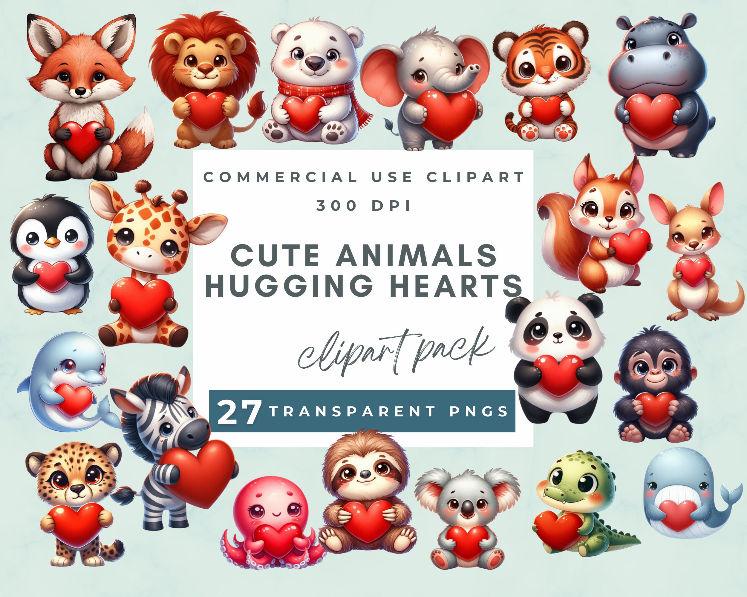 Cute Animals Hugging Hearts Clipart, Cute Animals Clipart, Hearts Png ...