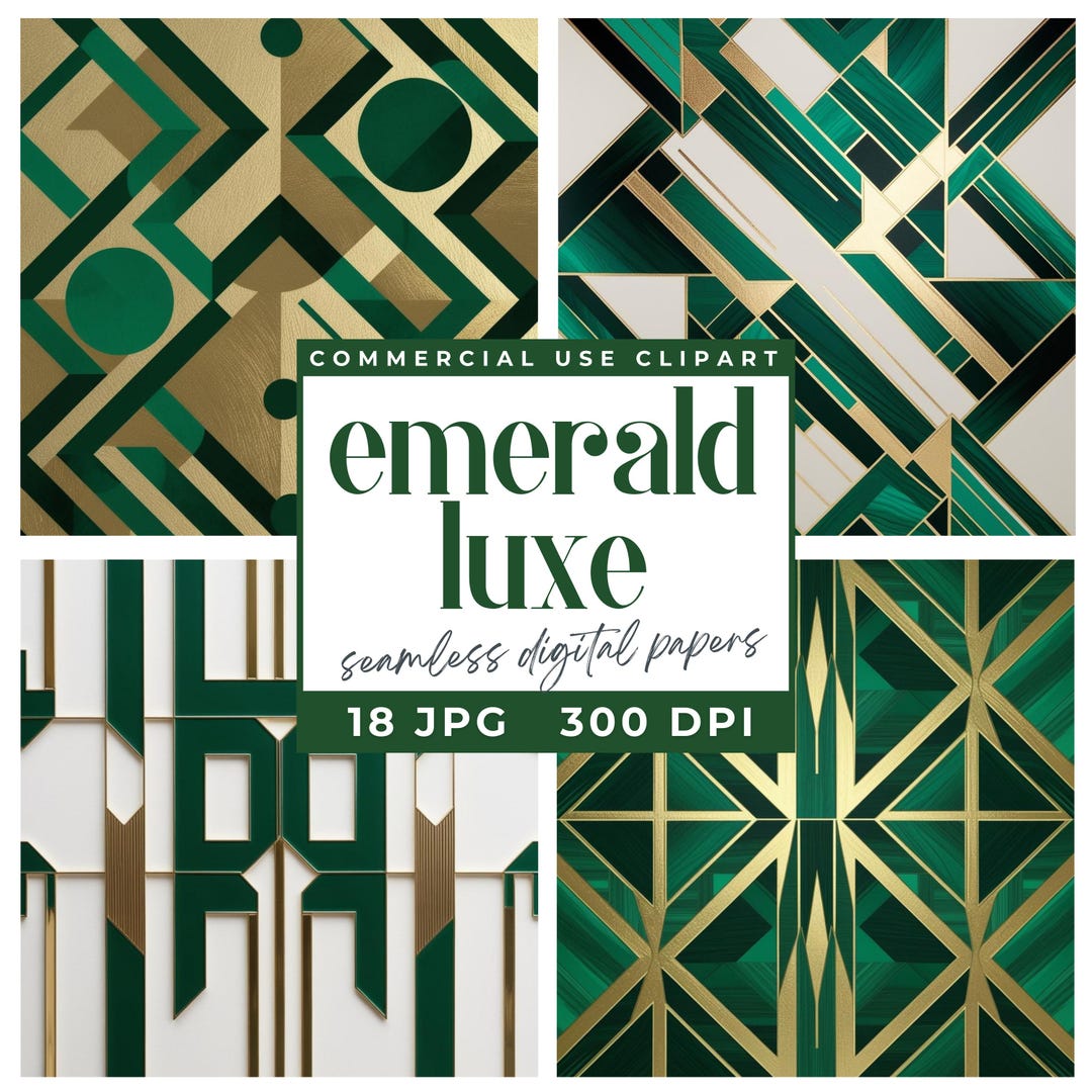 Emerald Green and Gold Digital Papers, Luxury Art Deco Backgrounds ...
