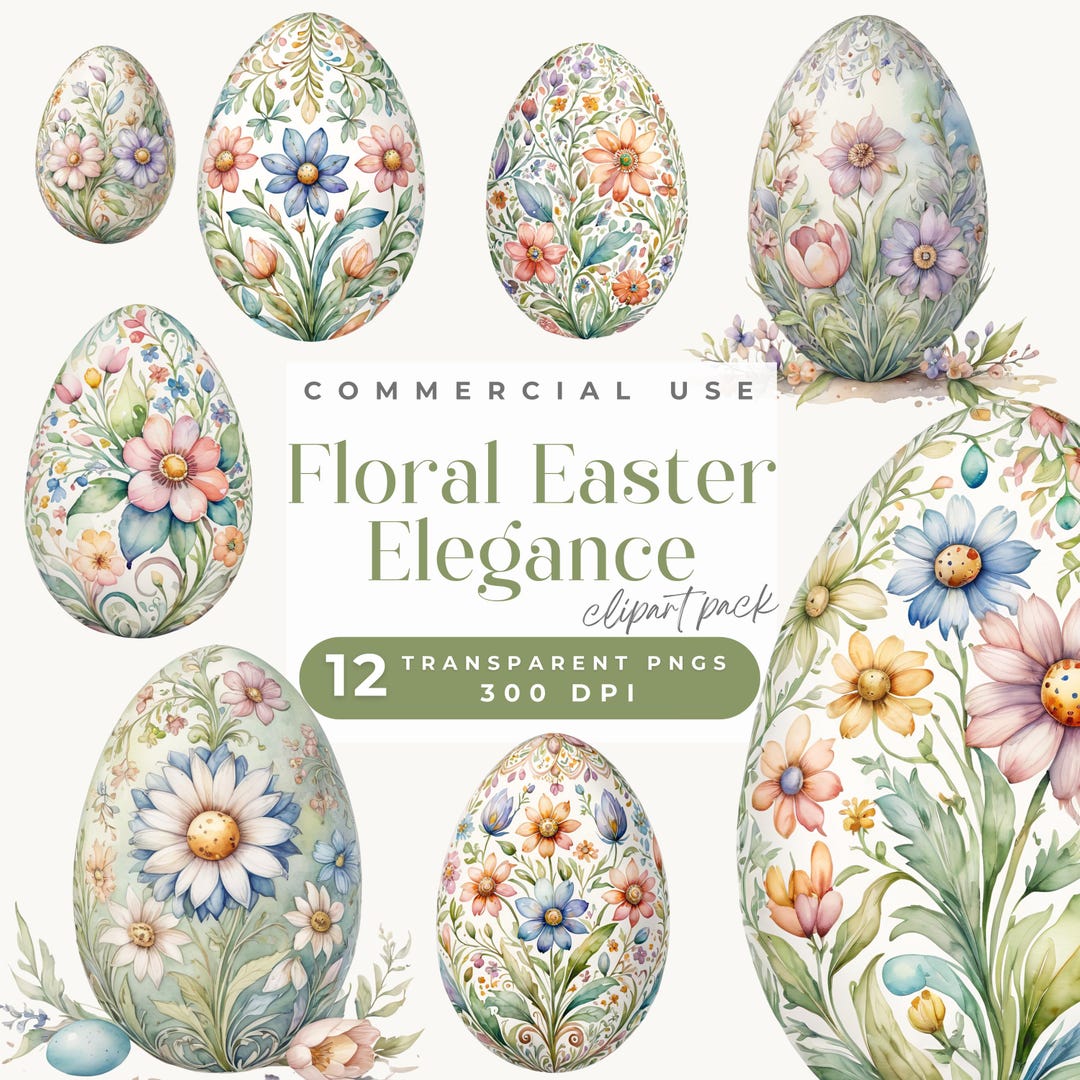 Floral Watercolor Easter Egg Clipart Floral Egg Watercolor Digital Clip ...