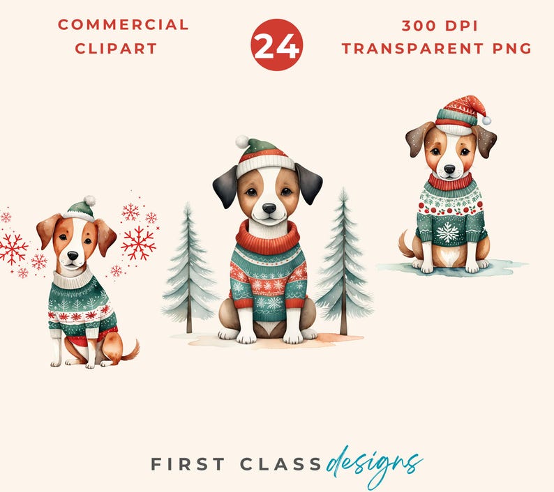 Cute Christmas Dog Clipart, Xmas Cute Puppies PNG Festive Graphics Card ...