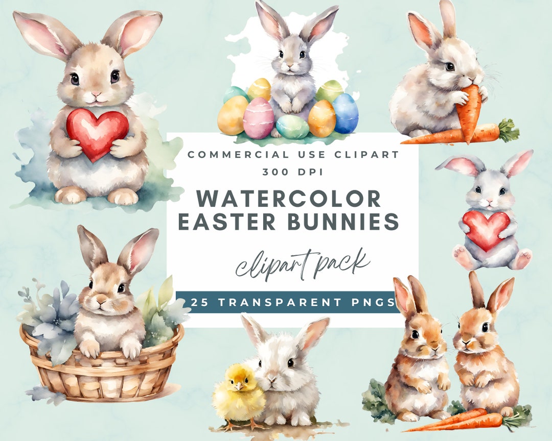 25 Easter Bunny and Egg Clipart, Easter Clipart, Printable Watercolor ...