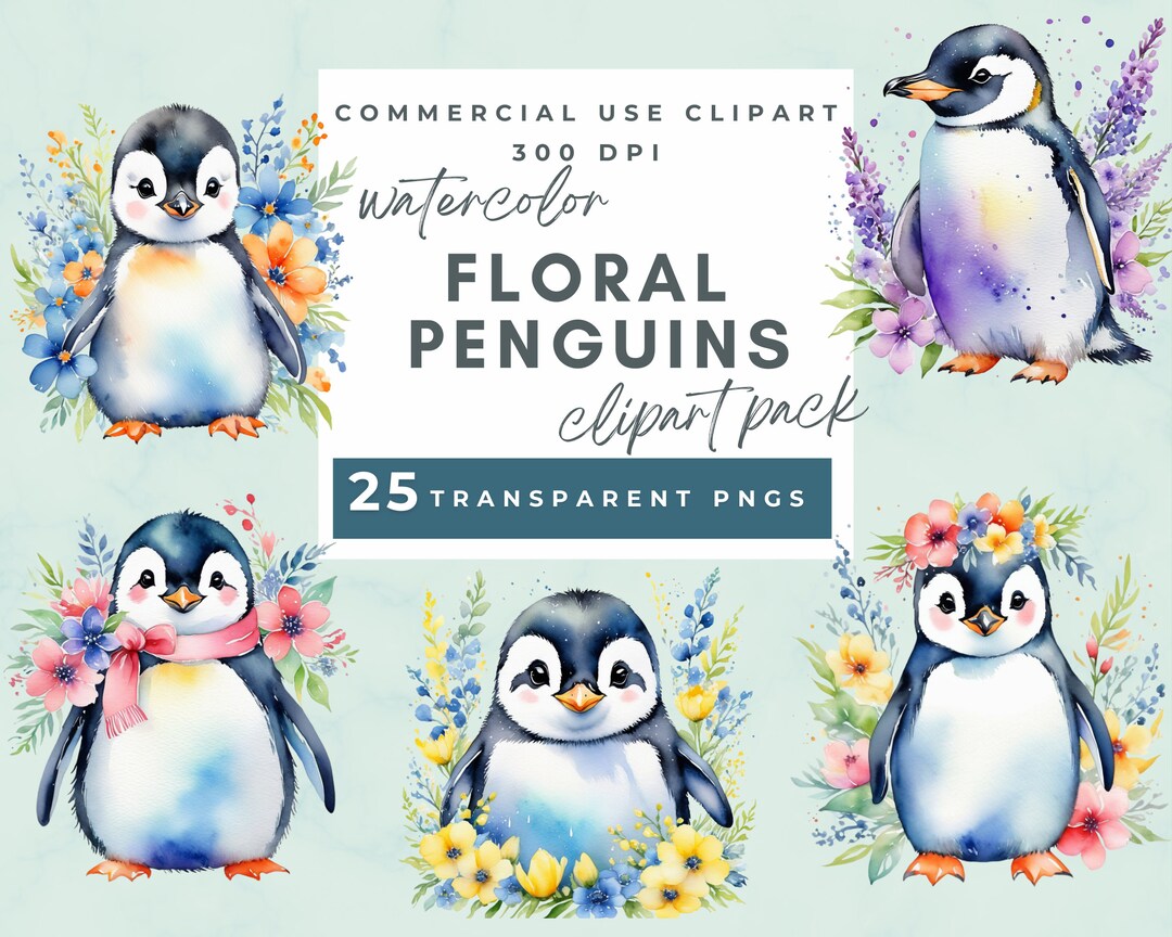 Watercolor Floral Penguin Clipart, Watercolor Cute Penguins Clipart PNG ...