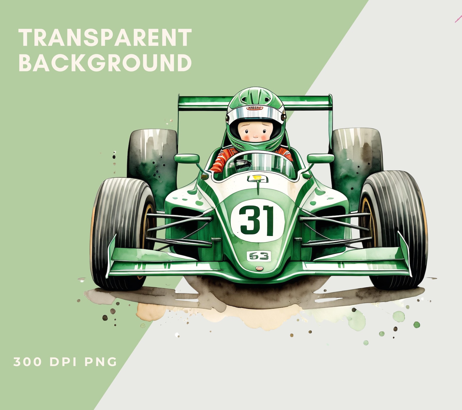 Watercolor Racecar Clipart, Green Racing Car Clipart, Retro Race Car ...