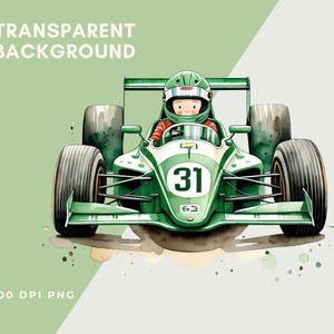 Watercolor Racecar Clipart, Green Racing Car Clipart, Retro Race Car ...