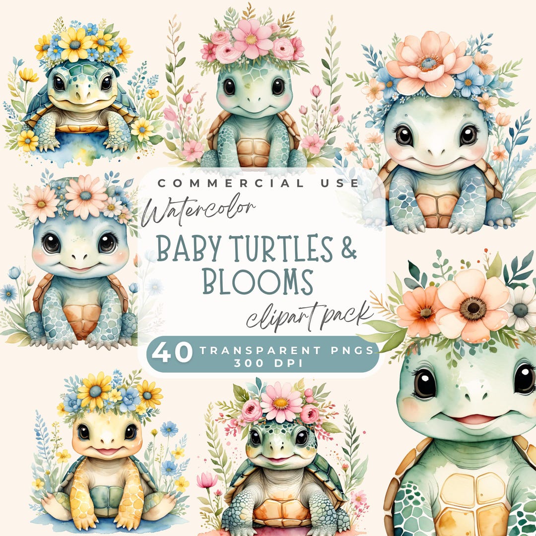 Baby Turtle With Flowers Clipart, Cute Baby Turtle Clipart, Watercolor ...