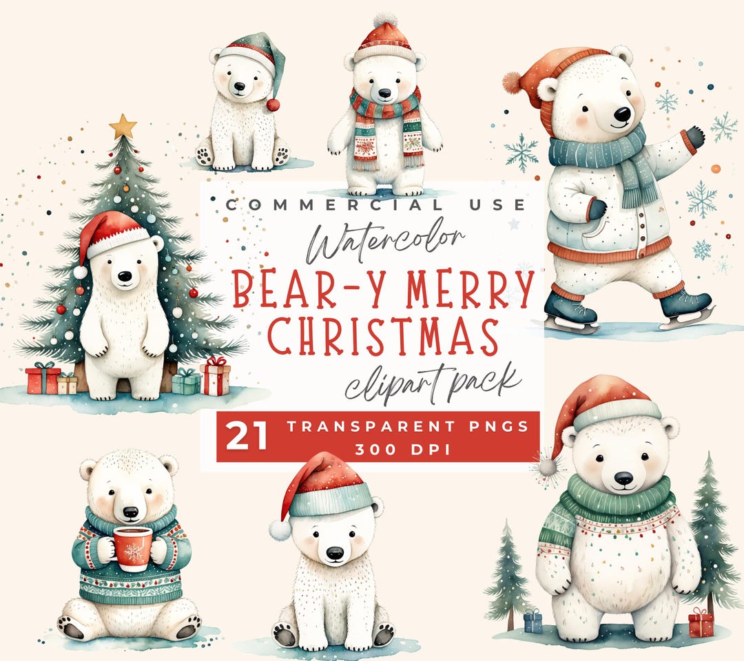 Christmas Polar Bears Clipart, Holiday Clipart, Cute Whimsical Polar ...
