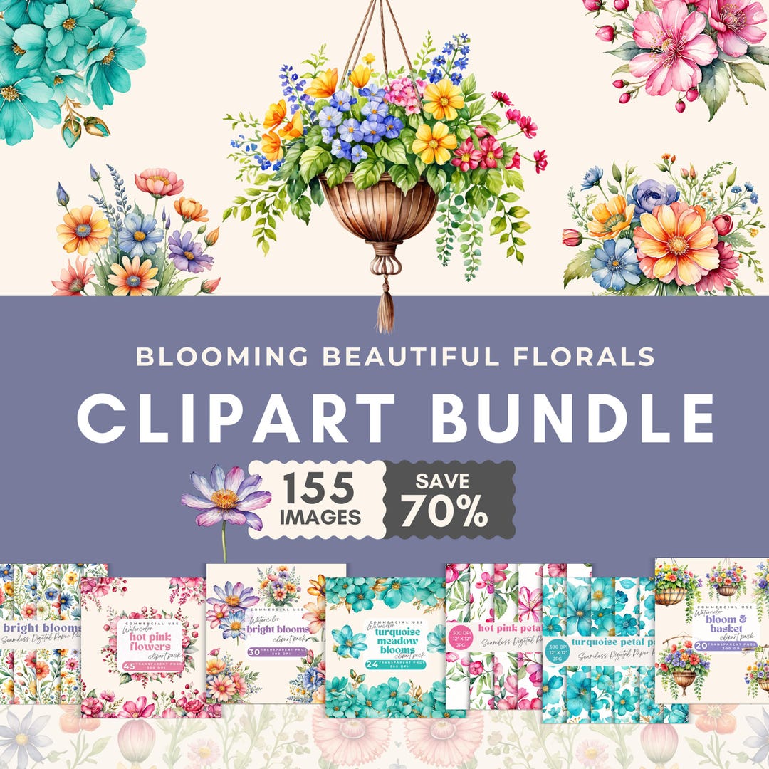 Bright Flowers Clipart Bundle & Floral Seamless Digital Papers ...