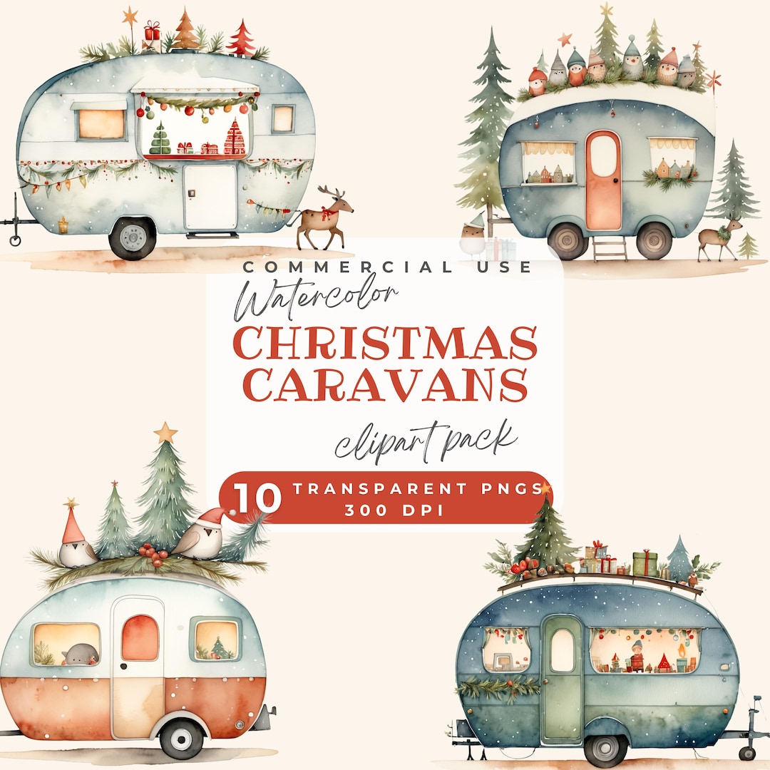 Christmas Caravan Clipart, Watercolor Mini Camper Christmas PNG ...