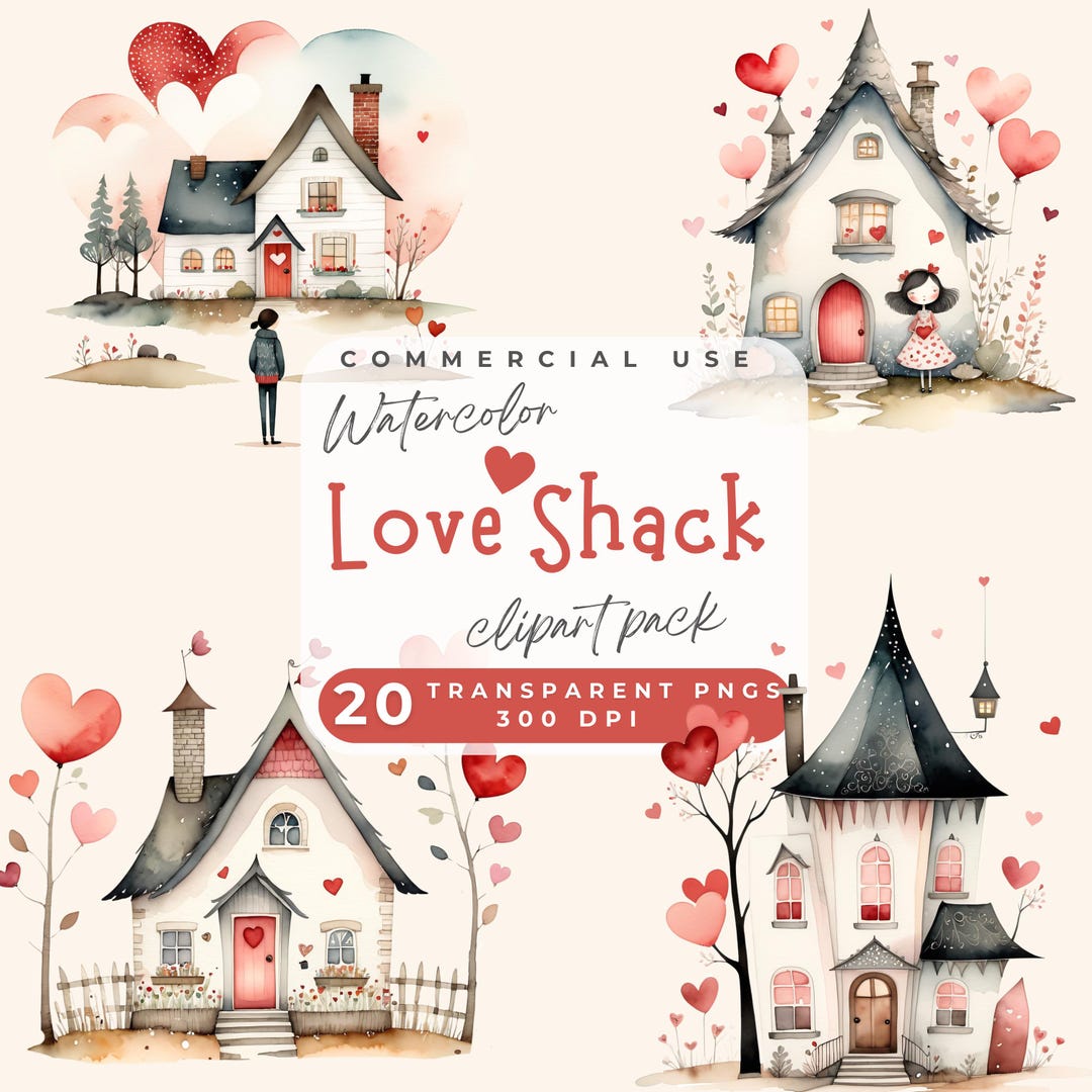 Love Shack Clipart Cute Valentine’s Day Houses With Hearts & Bows ...