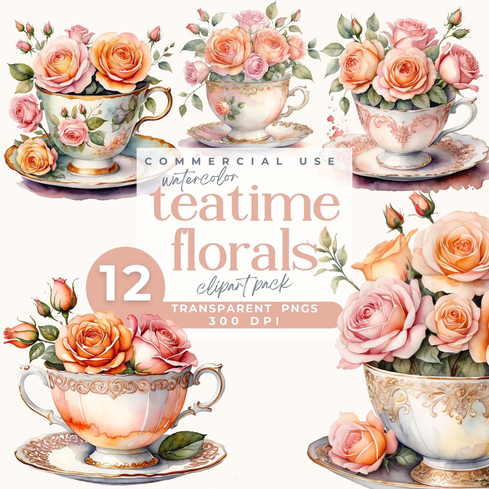 Teacup Clipart Bundle, Floral Stacked Tea Cups PNG, Vintage Watercolor ...