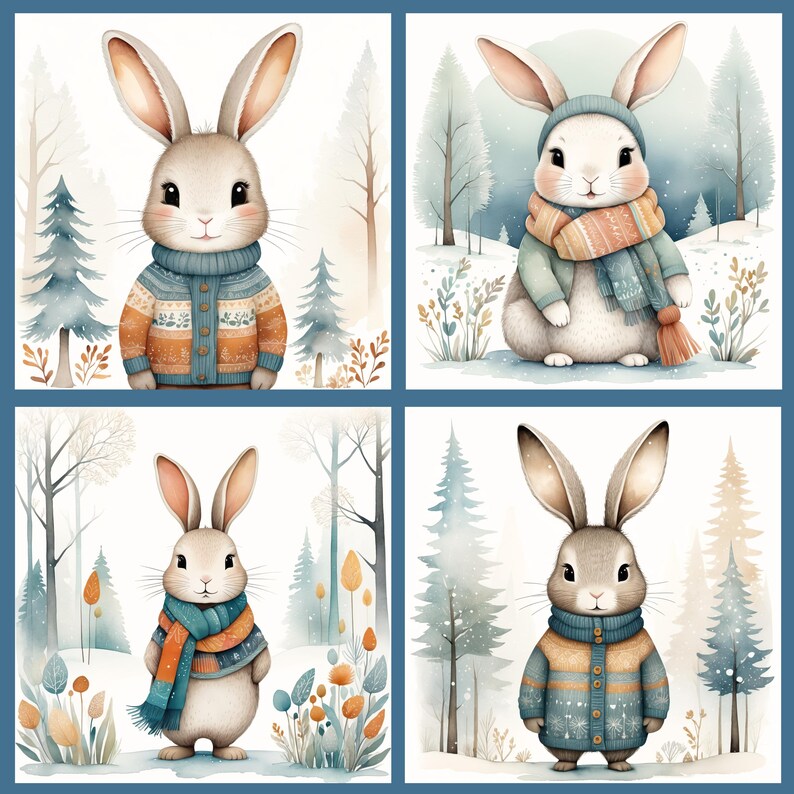 Watercolor Winter Rabbit Clipart, 8 High Quality JPG, Cute Snowy Bunny ...