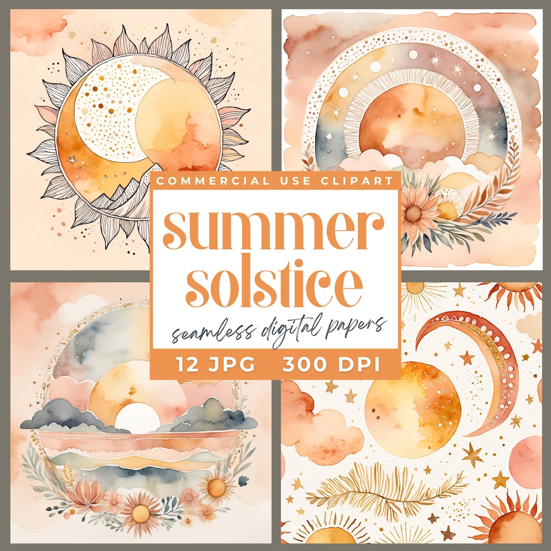 Summer Solstice Digital Paper, Watercolor Boho Sun Celestial Mystical ...