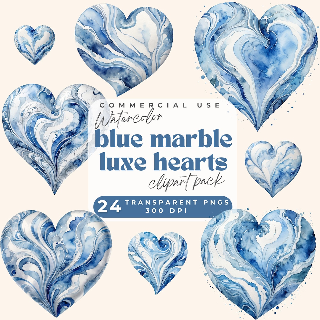 Blue Marble Heart Clipart – Elegant Watercolor Blue and Silver Heart ...