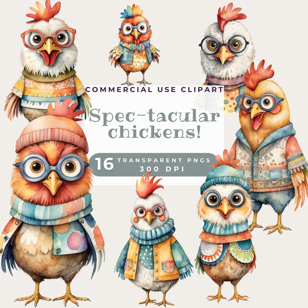 Cute Quirky Chickens With Glasses Clipart, Funny Chicken Clip Art ...