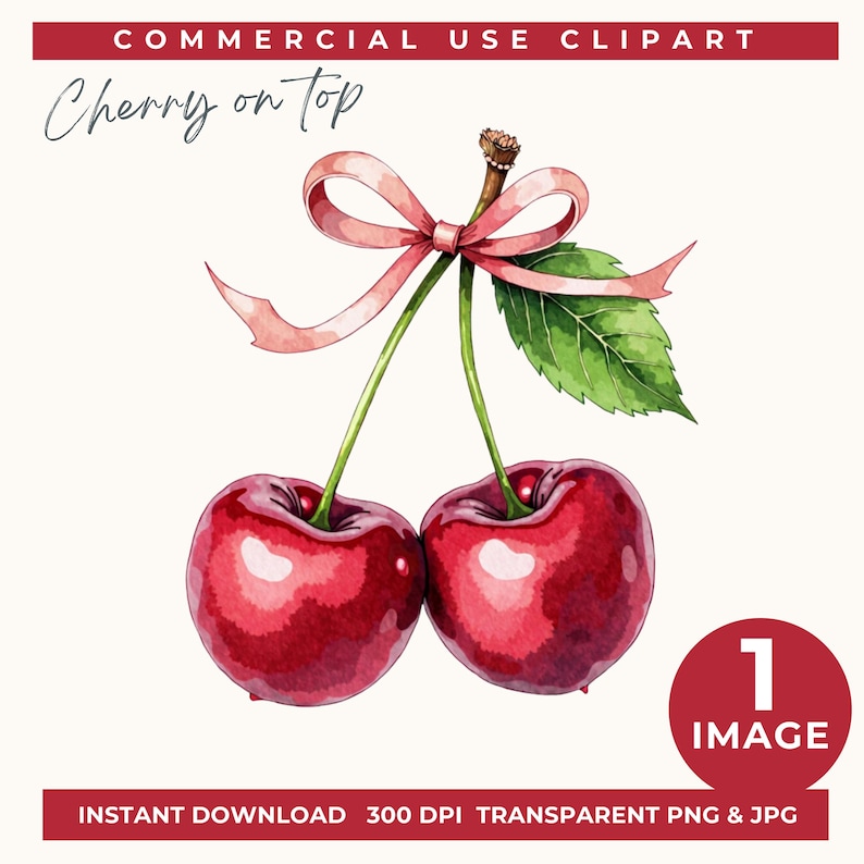 Cherry on Top Clipart, Watercolor Cherries With Pink Croquette Bow, DIY ...