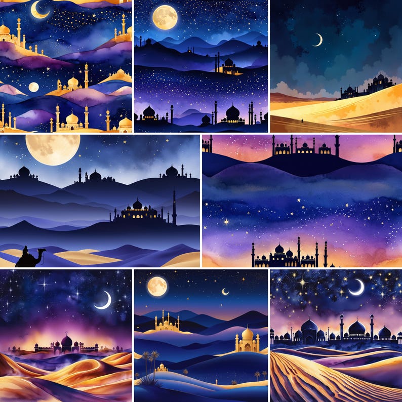 Arabian Nights Digital Paper, Desert Backgrounds, Magic Sands Midnight ...
