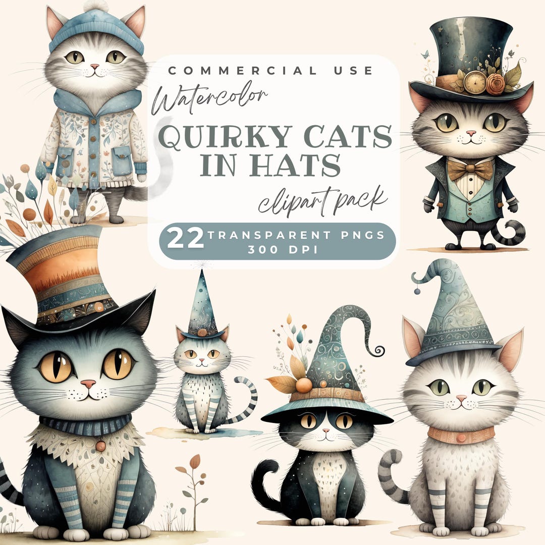 Quirky Cat Clipart, Quirky Cats in Hats Png, Whimsical Cat in Hat Clip ...