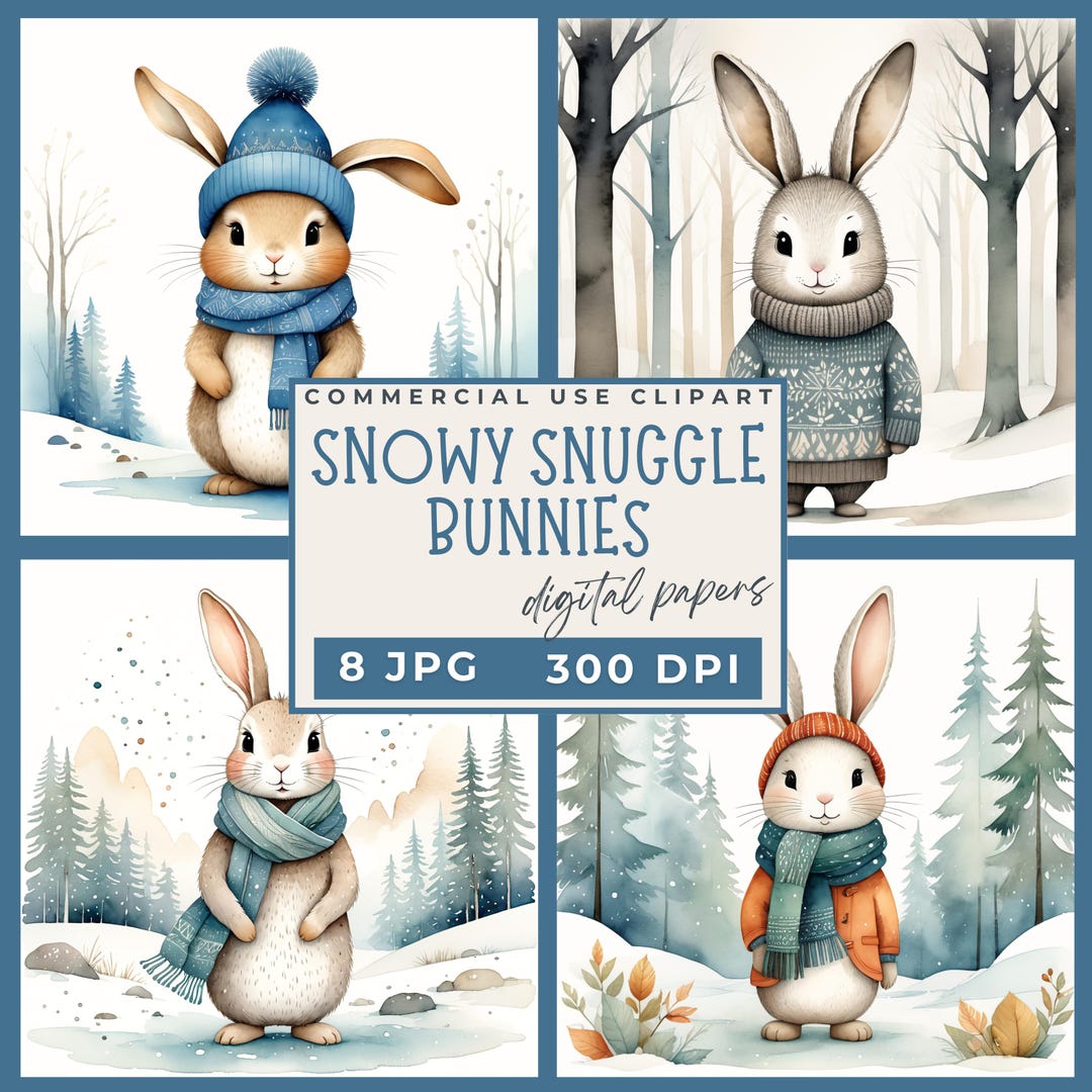 Watercolor Winter Rabbit Clipart, 8 High Quality JPG, Cute Snowy Bunny ...