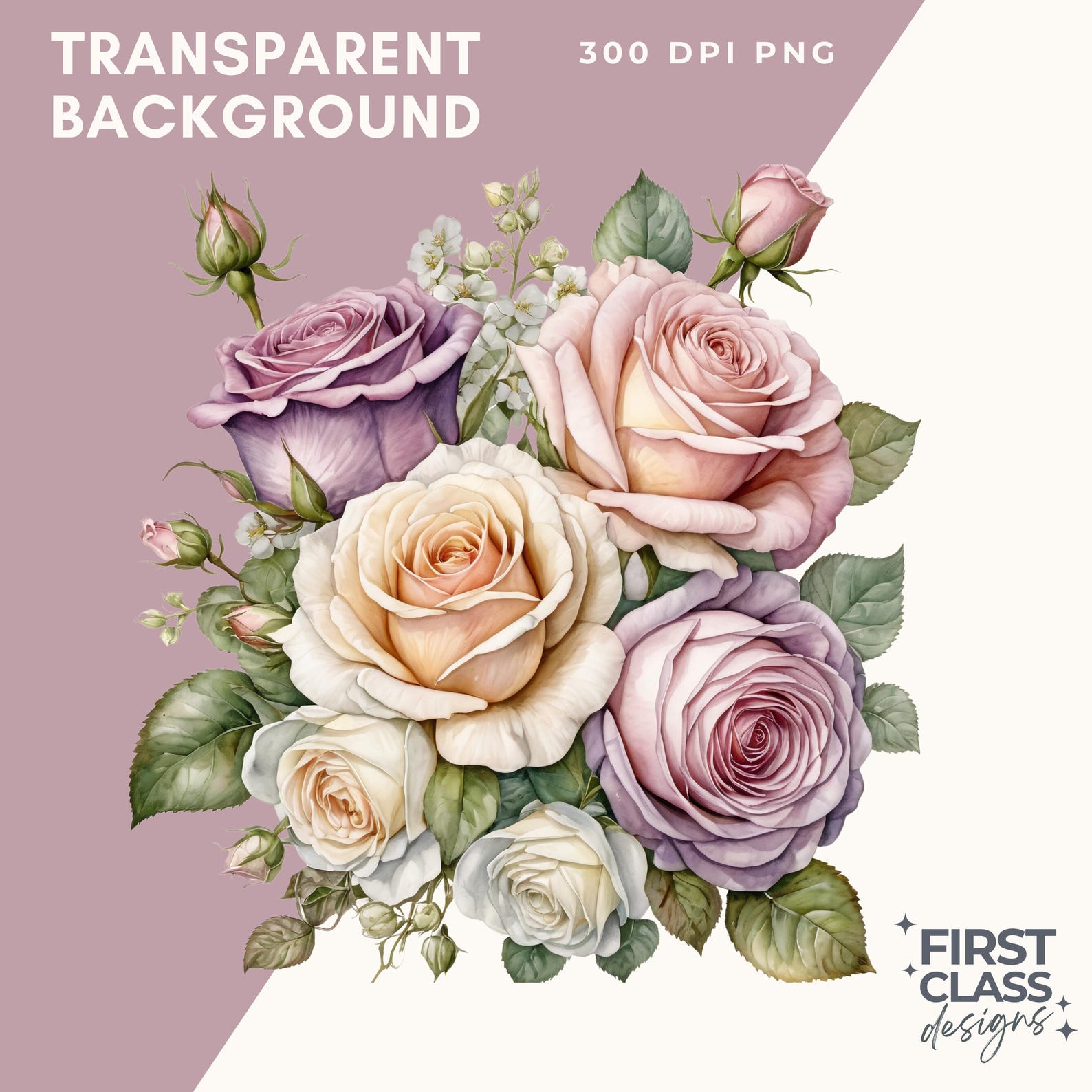 Mauve Roses Clipart Purple Mauve Watercolor Flowers Clip Art Floral ...
