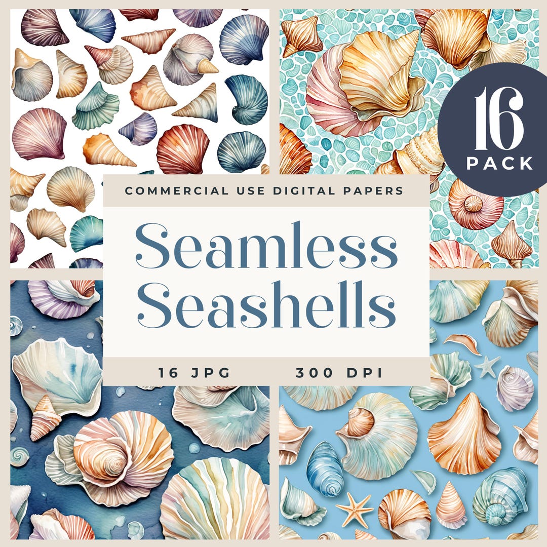 Digital Background Paper Seashells, Watercolor Seamless Shells Paper ...