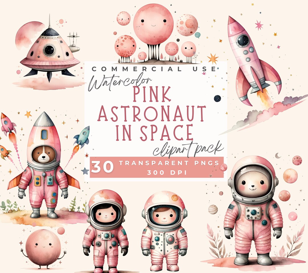 Pink Astronaut Clipart, Pink Outer Space Clipart Watercolor Cute Space ...