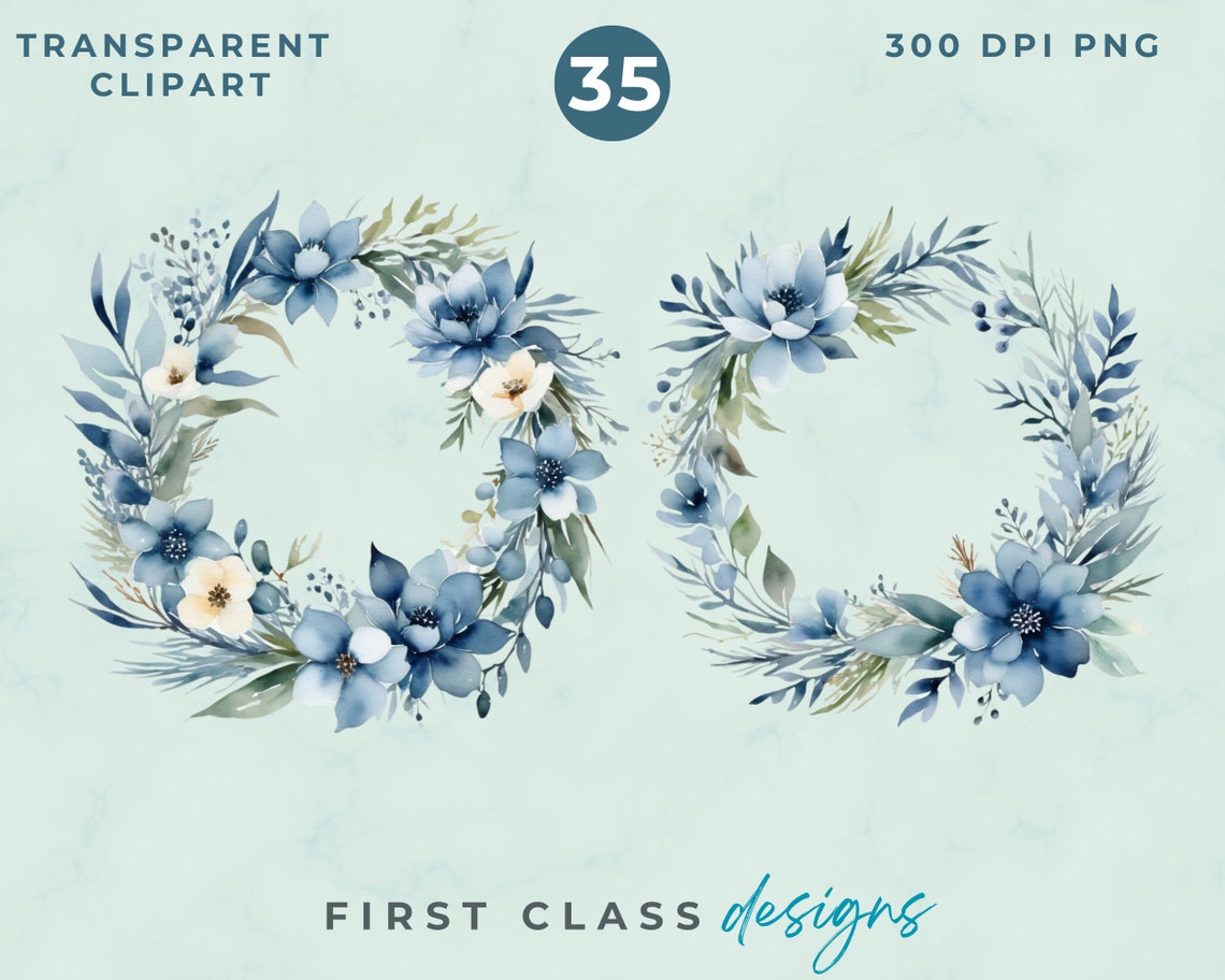 Watercolor Floral Winter Clipart Dusty Blue Floral Clipart, Blue ...