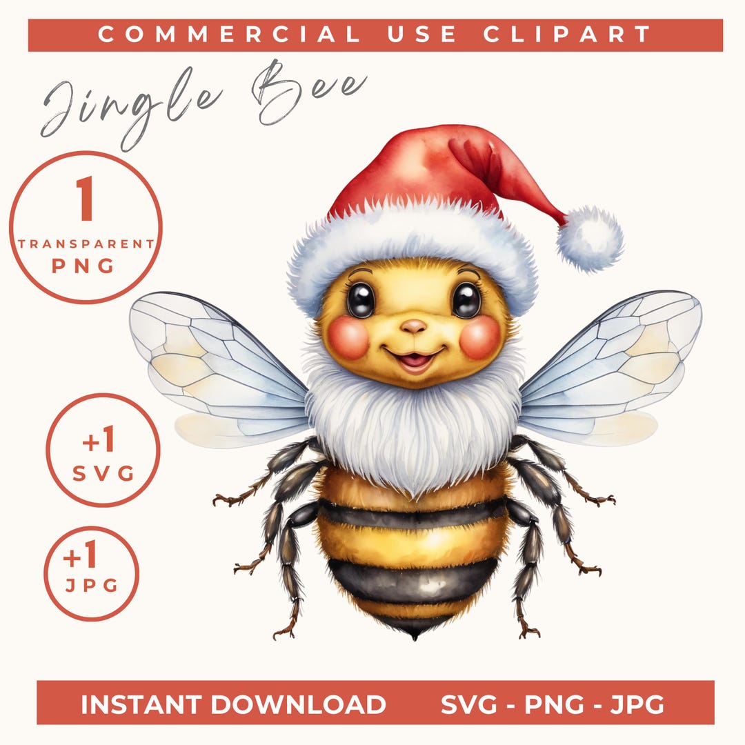 Christmas Bee Clipart, Watercolor Christmas Santa Bee Clipart ...