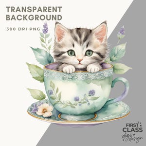 Kitten in Teacup Clipart PNG, Cute Cat Watercolor Art, Floral Teacup ...