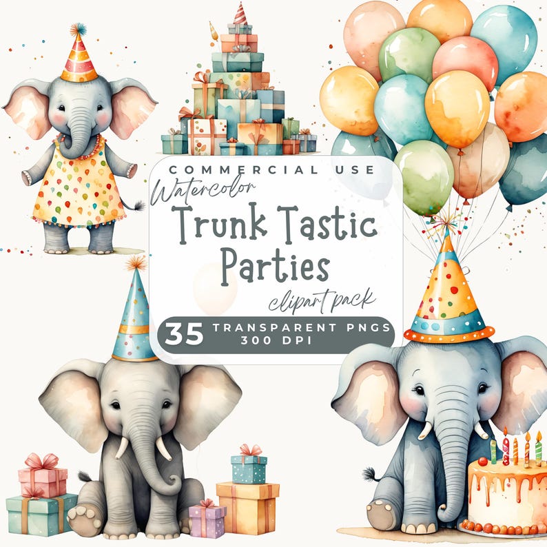 Elephant With Party Hat Clipart, Watercolor Cute Elephant Birthday PNG ...