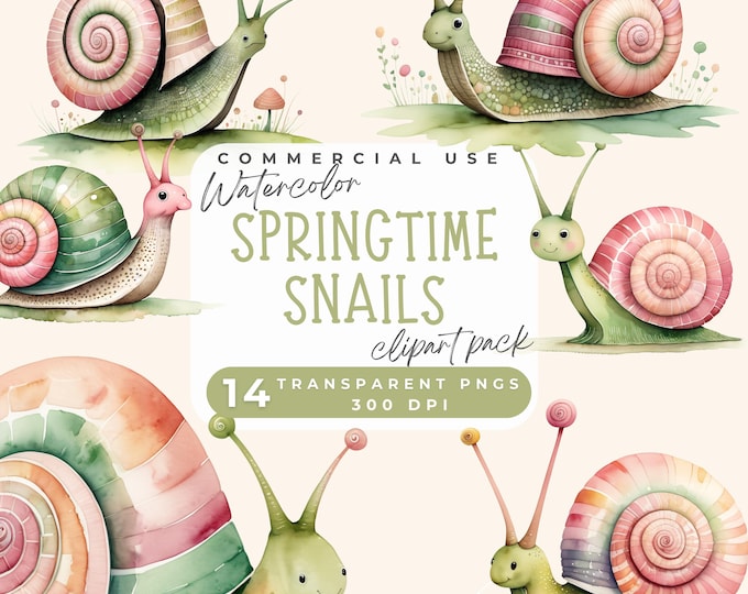 20 PNG, Pastel Watercolor Snail Clipart Bundle, Cute Snail Clipart ...