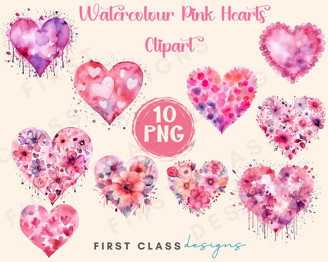 Floral Heart Clipart Pink Watercolour Hearts Cute Valentine Heart ...